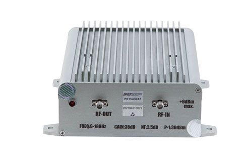 2W Psat, 35 dB Gain, 6 GHz to 18 GHz, AC Powered Broadband GaAs Power Amplifier with Heatsink ...