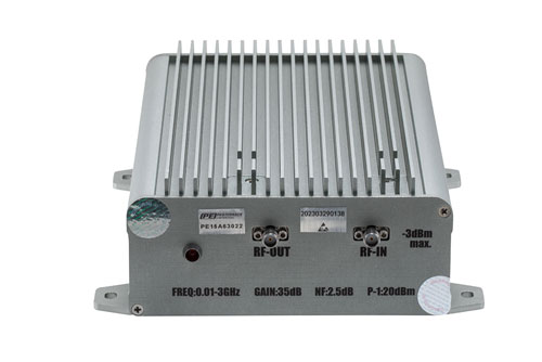 36 dB Gain, 21 dBm P1dB, 0.01 GHz to 3 GHz, Broadband AC Low Noise Amplifier, Bench-Top, 110 ...