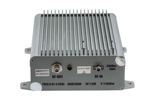 62 dB Gain, 17 dBm P1dB, 0.01 GHz to 3.5 GHz, Broadband AC Low Noise Amplifier, Bench-Top, 110 ...