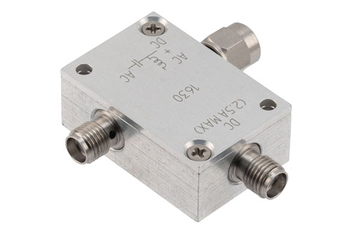 10 MHz to 12 GHz SMA Broadband Bias Tee, Male Input, Rated to 2.5 Amps ...