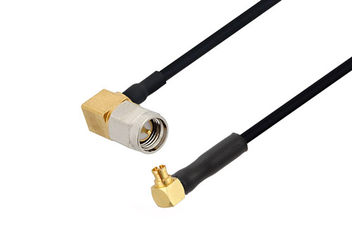 SMA Male Right Angle to Mini SMP Female Right Angle Cable 12 Inch Length Using PE-SR405FLJ Coax