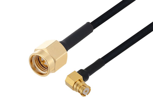 SMP Female Right Angle to SMA Male Cable Using PE-SR405FLJ Coax