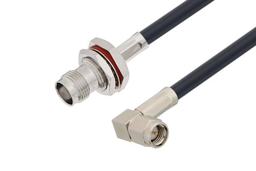 TNC Female Bulkhead to SMA Male Right Angle Low Loss Cable Using LMR-195-UF Coax, LF Solder