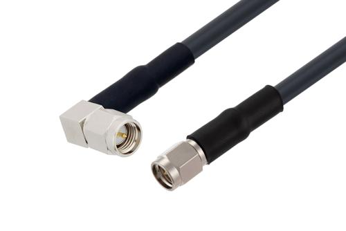 SMA Male Right Angle to SMA Male Low Loss Cable Using LMR-195-UF Coax with HeatShrink, LF Solder