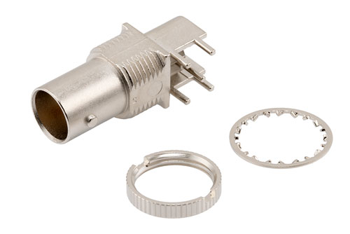 12G SDI 75 Ohm BNC Female Right Angle Bulkhead Mount Connector Solder Attachment Thru Hole PCB