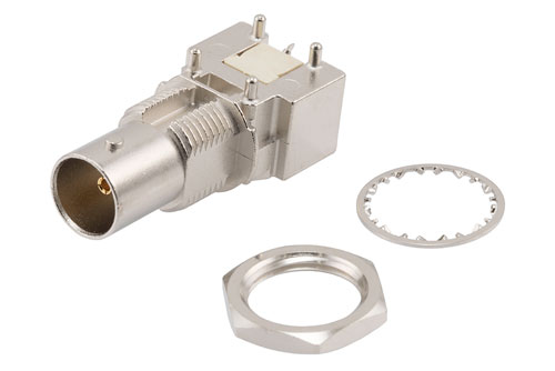 12G SDI 75 Ohm BNC Female Right Angle Bulkhead Mount Connector Solder Attachment 0.062" PCB