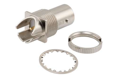 12G SDI 75 Ohm BNC Female Bulkhead Mount Connector Solder Attachment 0.062" PCB, Die Cast