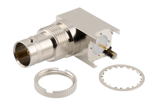 12G SDI 75 Ohm BNC Female Right Angle Bulkhead Mount Connector Solder Attachment Thru Hole PCB