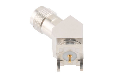 TNC Female PCB Mount Connector, 45 Degree angle with round contact 0.0394 inches diameter, 18GHz ...