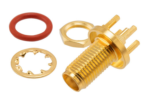 SMA Female Bulkhead Mount Commercial Grade Connector Solder Attachment Thru Hole PCB, Gold Finish