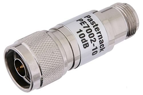 10 dB Fixed Attenuator, N Male to N Female Brass Nickel Body Rated to 1 Watt Up to 3 GHz