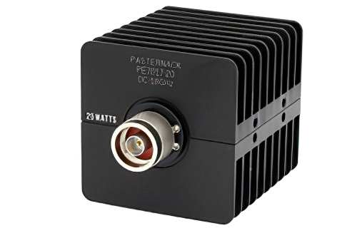 20 dB Fixed Attenuator, N Male to N Female Black Anodized Aluminum Heatsink Body Rated to 25 ...