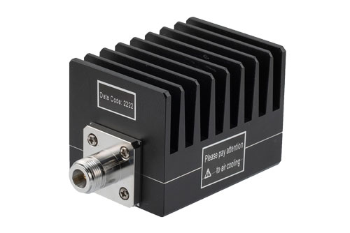 6 dB Fixed Attenuator, N Male To N Female Black Anodized Aluminum Heatsink Body Rated To 50 ...