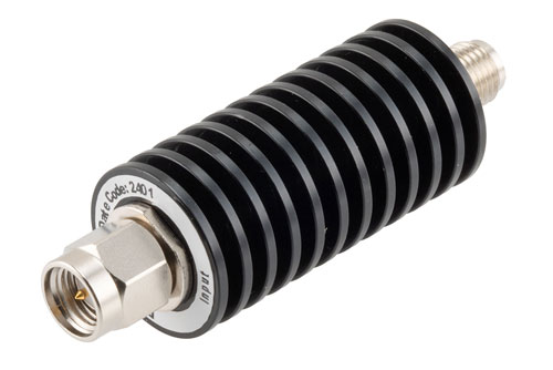 40 dB Fixed Attenuator, SMA Male to SMA Female Black Anodized Aluminum Body Rated to 20 Watts Up ...