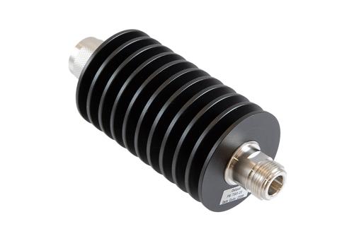 20 dB Fixed Attenuator, N Male to N Female Aluminum Black Anodized Body Rated to 50 Watts Up to ...