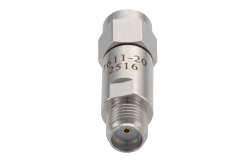 20 dB Fixed Attenuator SMA Male to SMA Female Passivated Stainless Steel Body Rated 2 Watt DC to ...