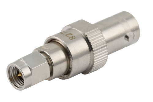 50 ohm SMA plug to BNC jack DC Block inner from 10MHz to 3GHz rated 100 Volt in Brass