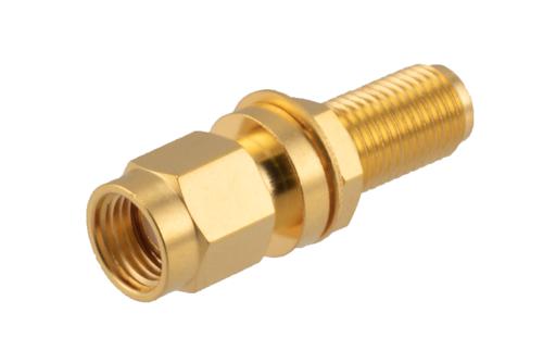 RP SMA Male to RP SMA Female Bulkhead Mount Adapter, VSWR 1.2 up to 6 GHz